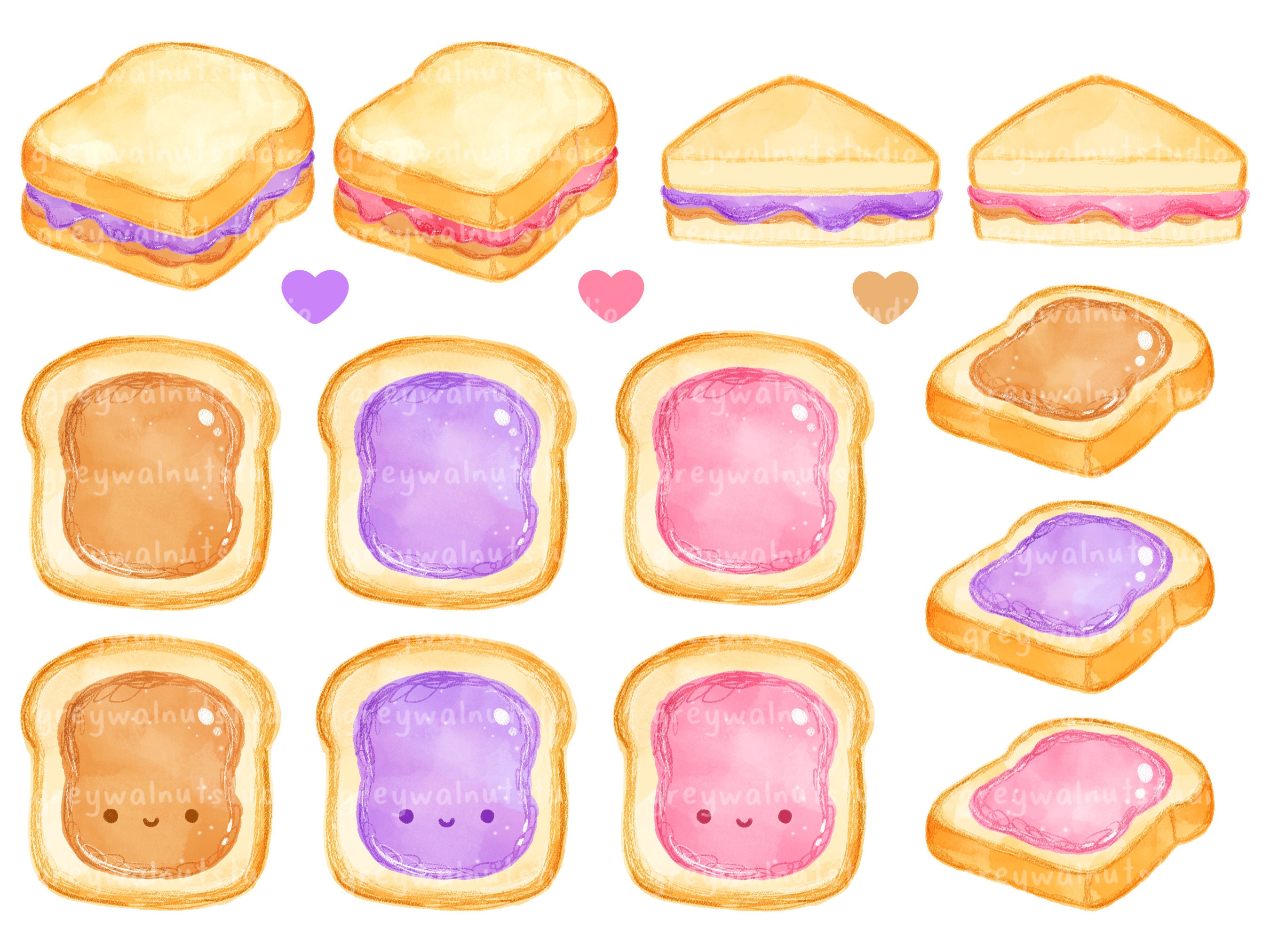 Kawaii Peanut Butter and Jelly Sandwich Clipart, Pbj, Pb and J, Grape ...