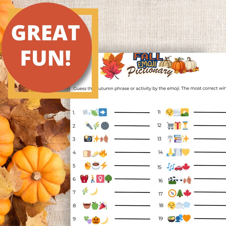 Fall Emoji Pictionary Game Printable – 20 Answer Autumn Emojipedia ...