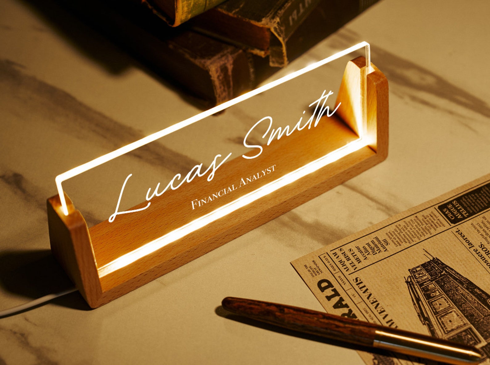 Personalized LED Desk Name Plate: Lighted Acrylic Sign With Wooden Base ...