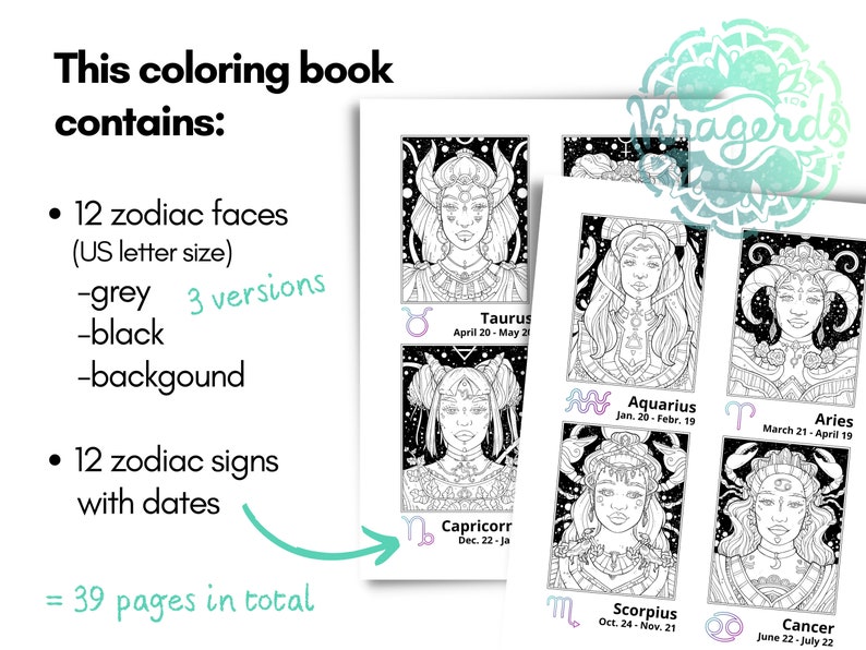 Zodiac Astrology Printable Coloring Book PDF Coloring Pages - Etsy