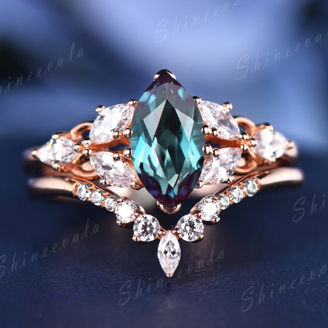 Marquise Art Deco Alexandrite Ring Set Sterling Silver Teal Alexandrite ...