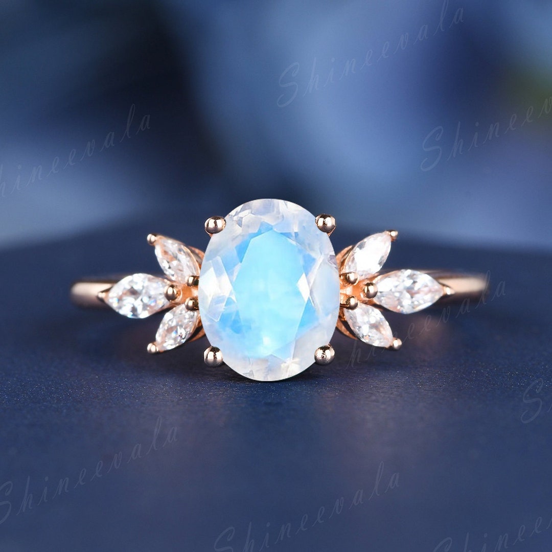 Oval Cut Moonstone Cluster Ring Vintage Marquise Engagement Ring 18k ...
