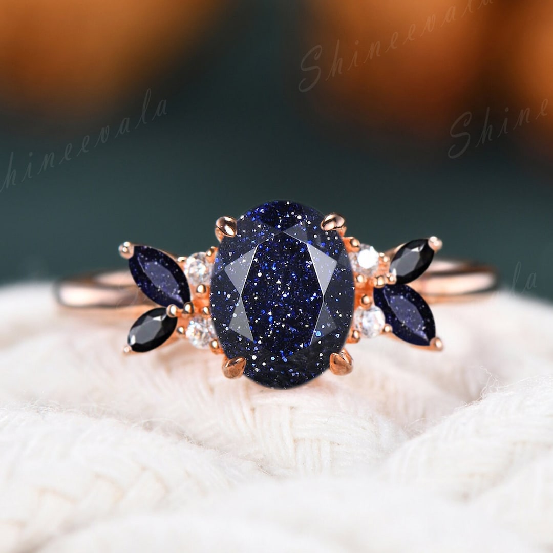 Galaxy Sandstone Ring, Blue Sandstone Engagement Ring, Sterling Silver ...