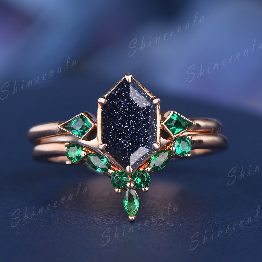 Buy Blue Sandstone Hexagon Wedding Ring Set Unique Kite Cut Online in ...