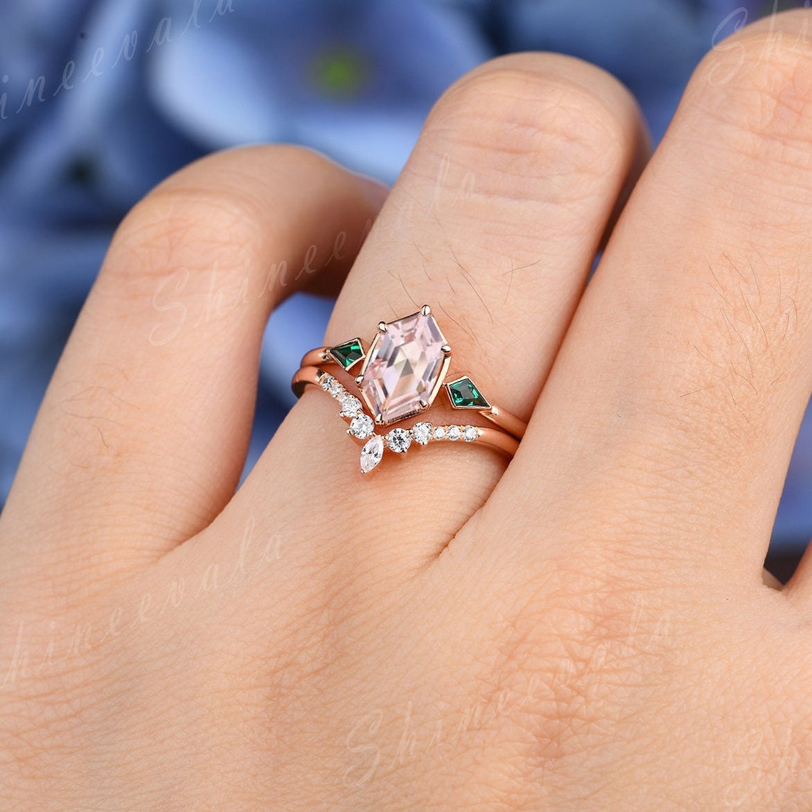 Pink Morganite Engagement Ring Set Hexagon Engagement Ring and - Etsy