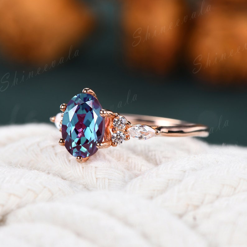 Oval Shaped Alexandrite Cluster Engagement Ring Moissanite Eternity ...