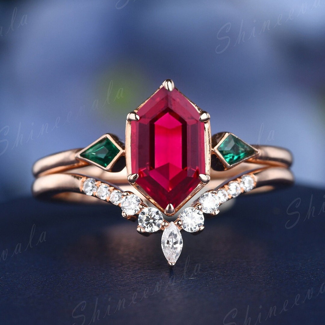 Hexagon Cut Ruby Engagement Ring Set, Bezel Set Kite Cut Emerald Ring, Art Deco Three Stone Ring ...