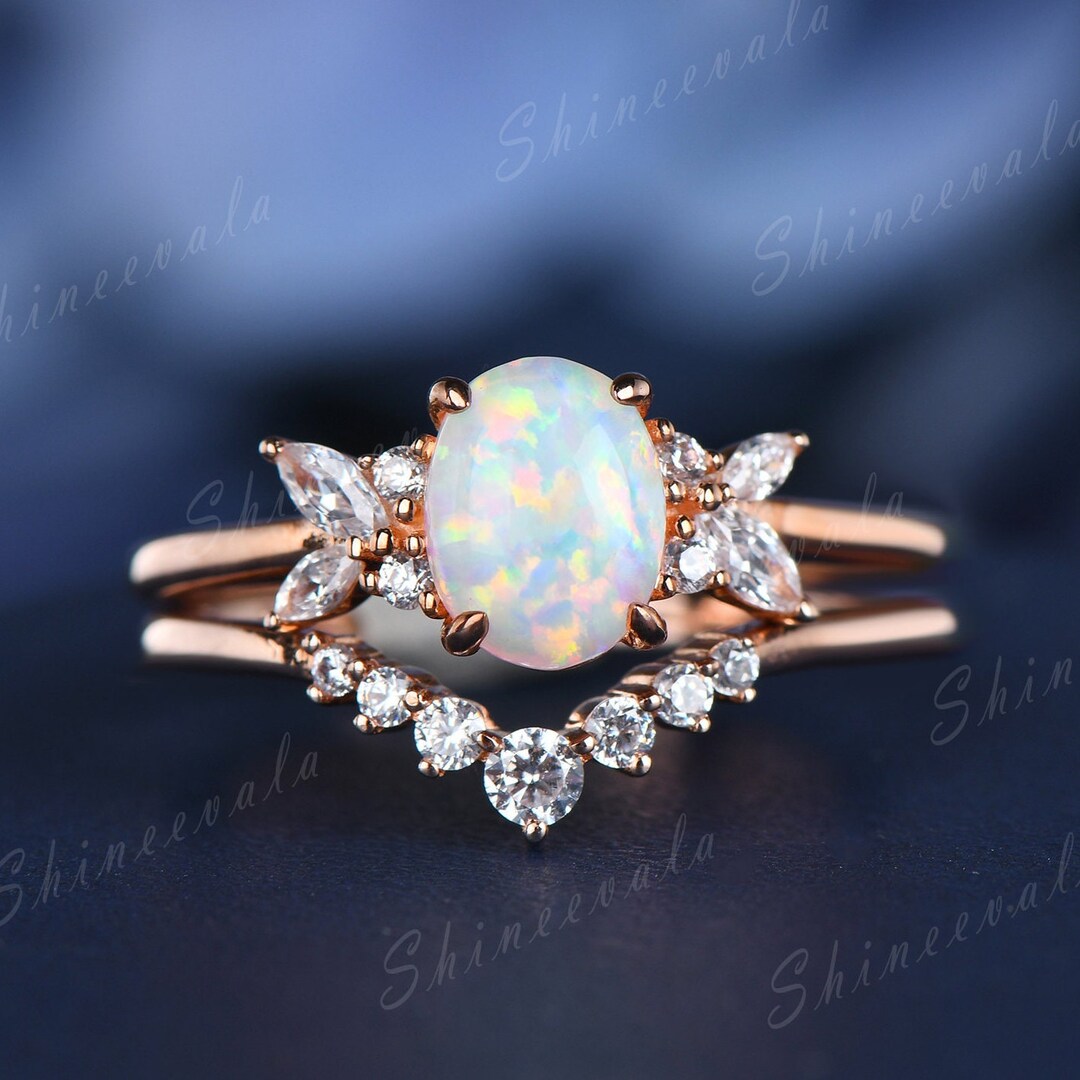 Opal Wedding Set, Opal and Diamond Engagement Ring Set, Curved Diamond ...