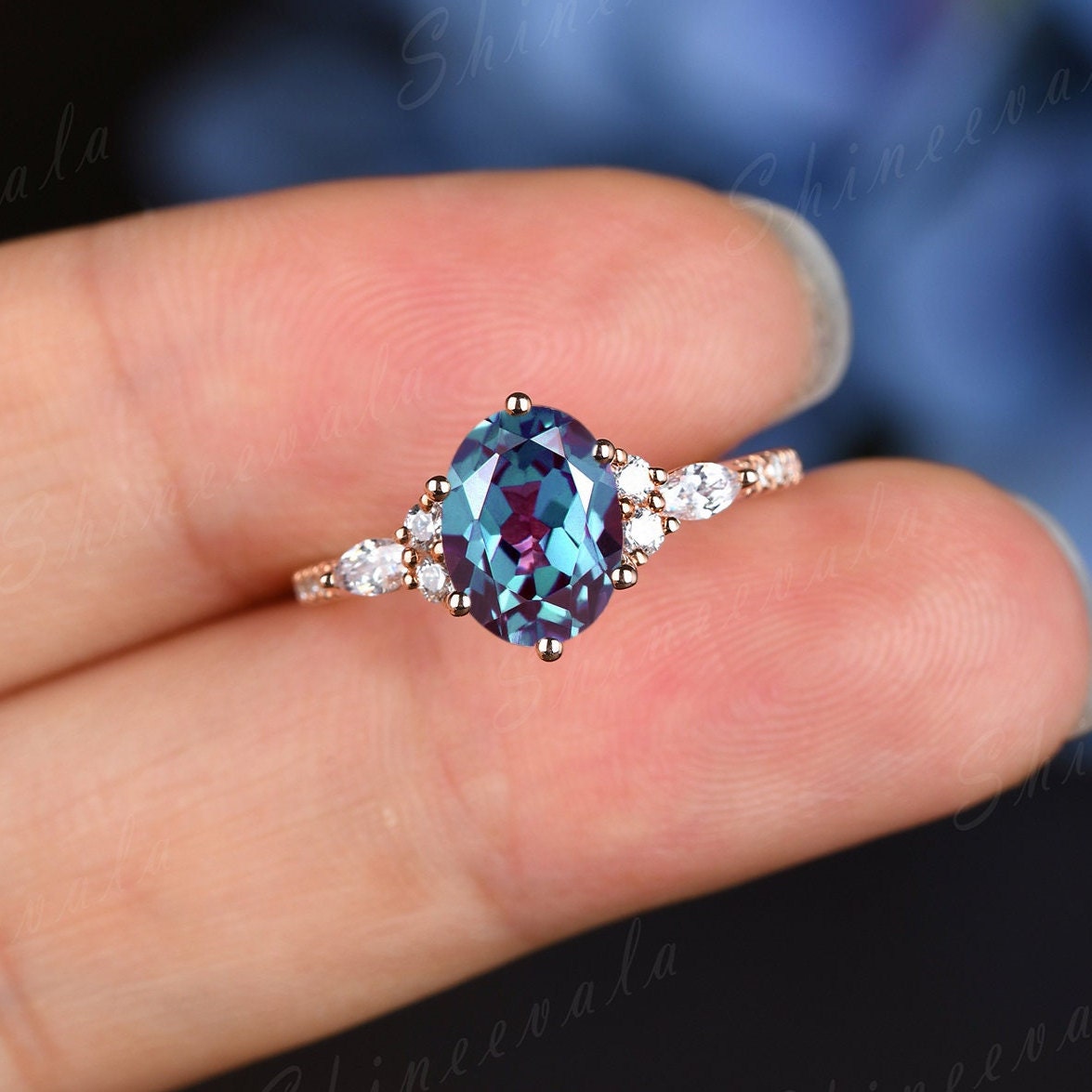 Oval Alexandrite Ring Cluster Eva Engagement Ring Rose Gold Marquise ...