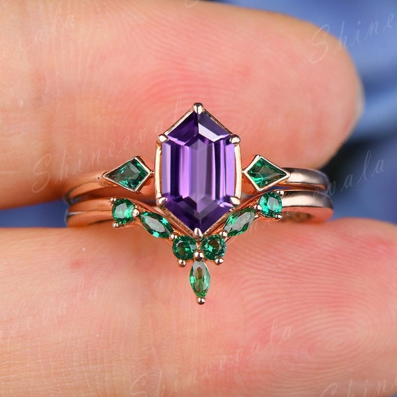Amethyst Wedding Set Hexagon Amethyst Engagement Ring and - Etsy