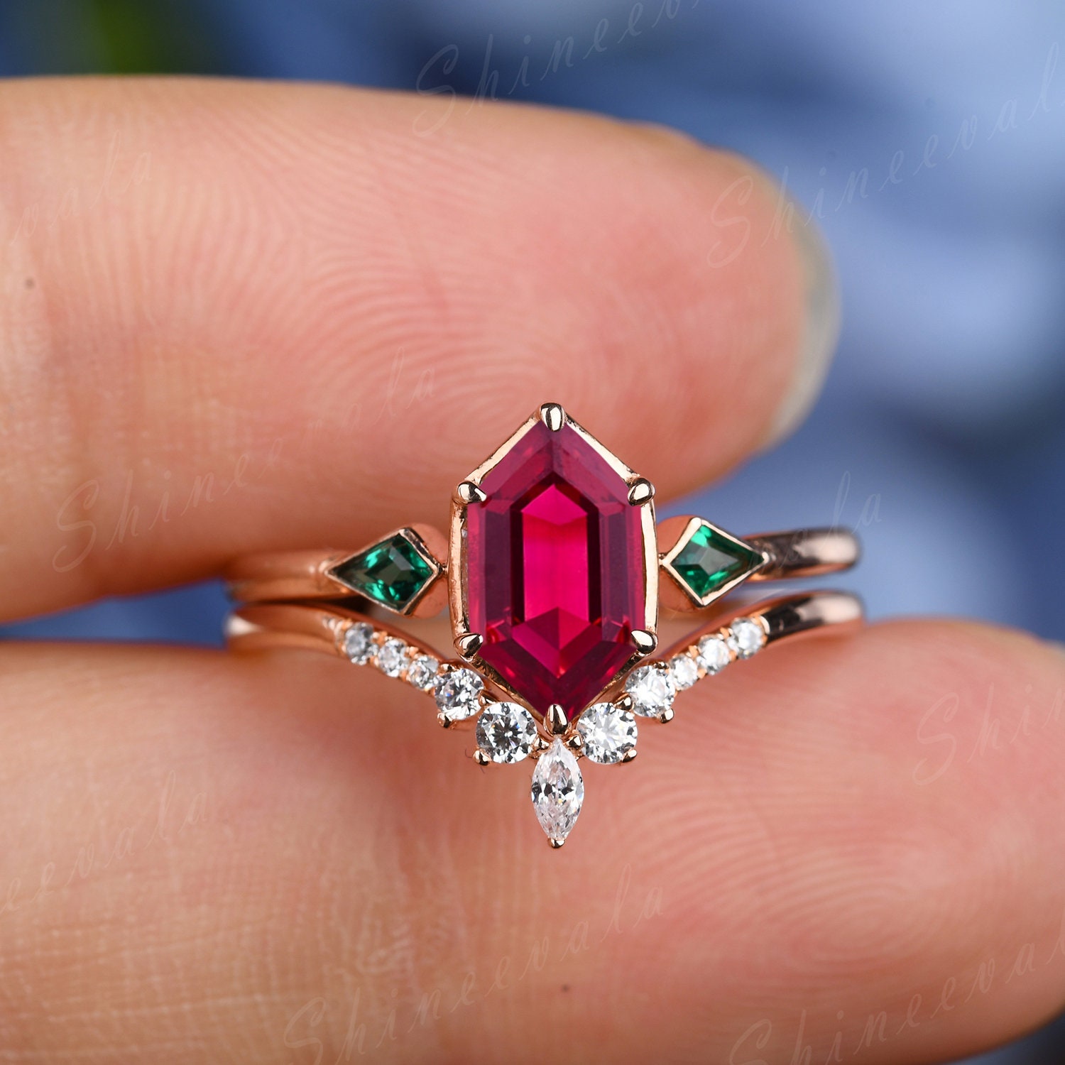 Hexagon Cut Ruby Engagement Ring Set Bezel Set Kite Cut - Etsy