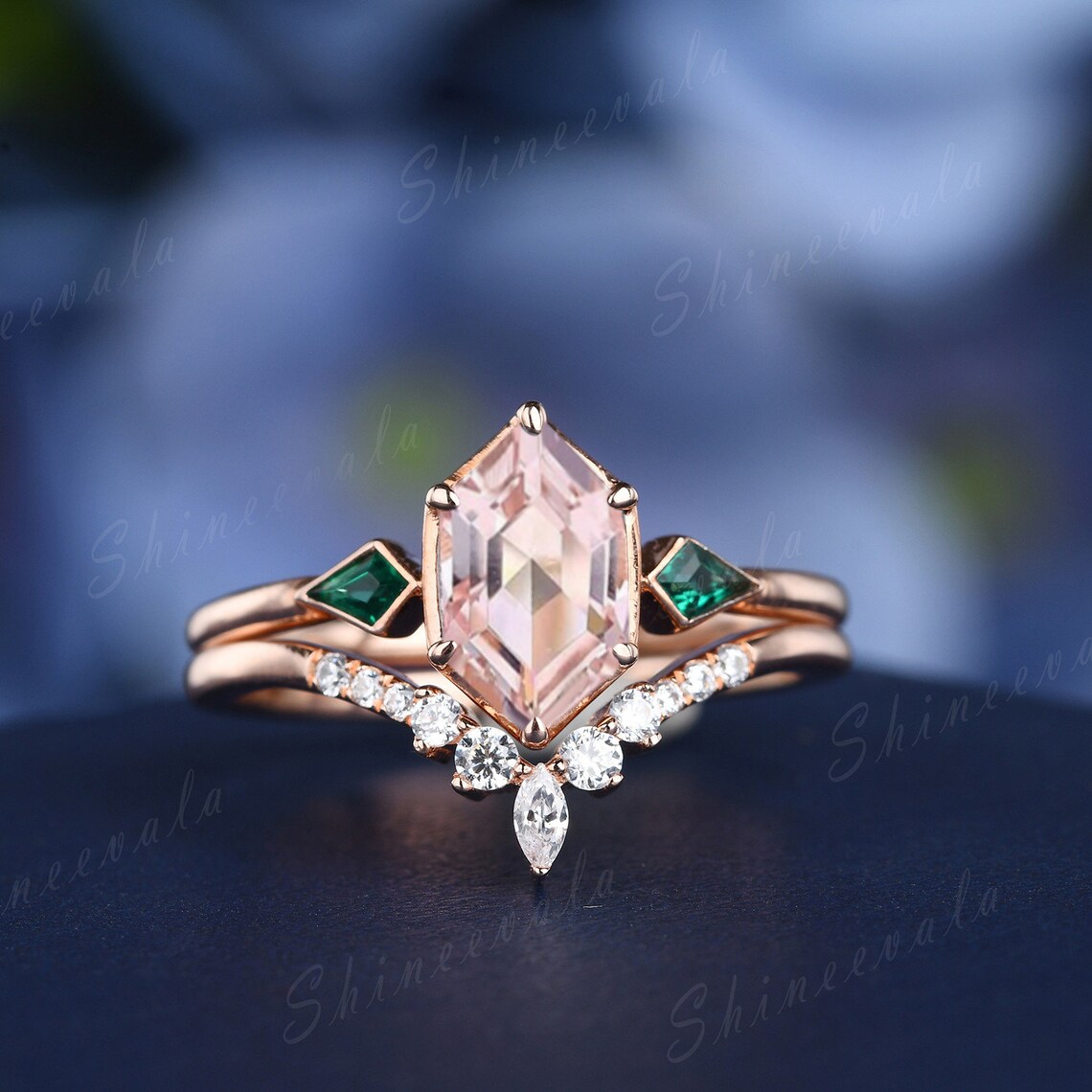 Pink Morganite Engagement Ring Set Hexagon Engagement Ring and - Etsy