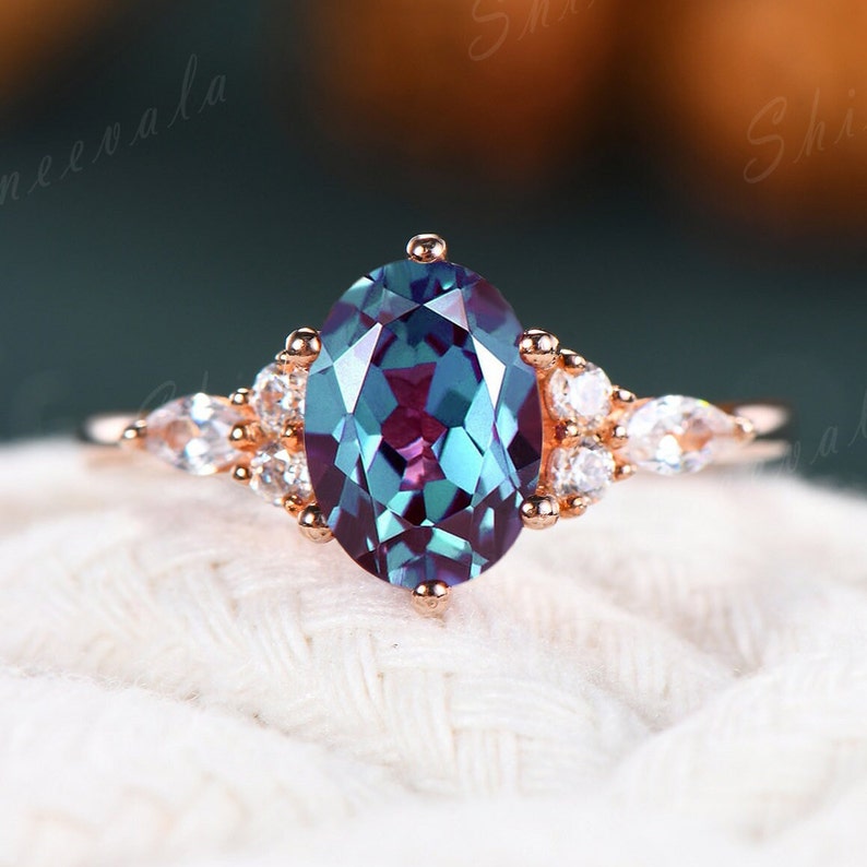 Oval Shaped Alexandrite Cluster Engagement Ring Moissanite Eternity ...