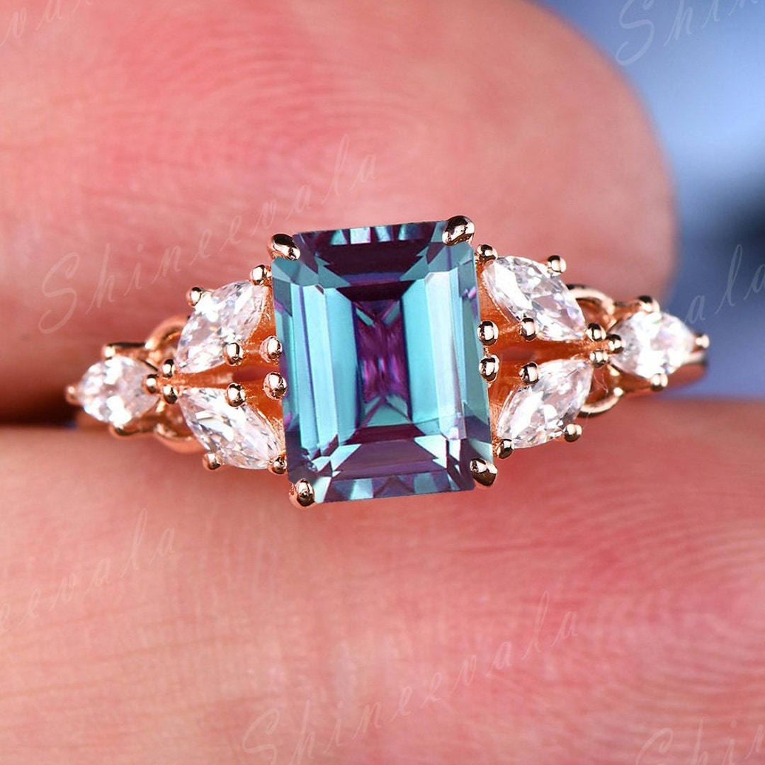Rose Gold Alexandrite Engagement Ring Diamond or Moissanite Ring Band ...
