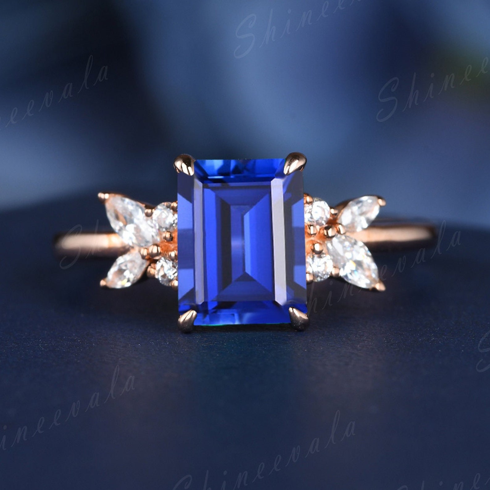 Emerald Cut Blue Sapphire Engagement Ring Unique Moissanite - Etsy