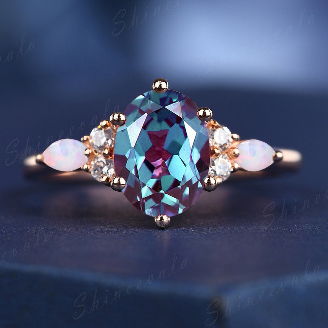 Oval Alexandrite Engagement Ring Art Deco Infinity Ring Rose Gold Opal ...