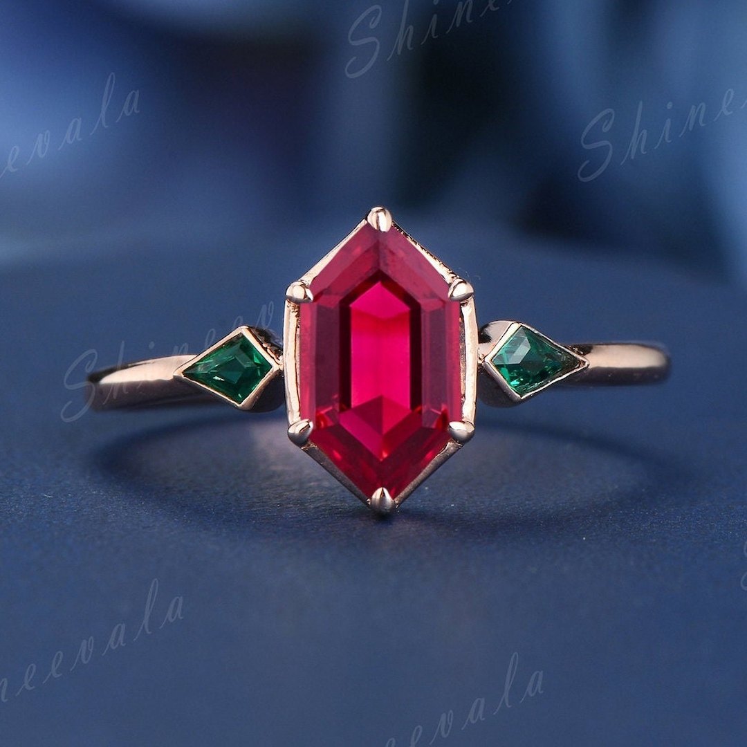 Emerald and Ruby Engagement Ring Hexagon Cut Gemstone Rings Rose Gold ...