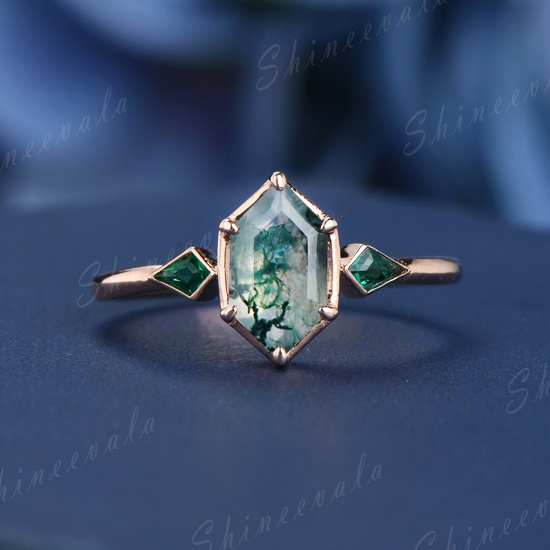 Hexagon Aquatic Moss Agate Ring 14k Rose Gold Vintage Engagement Ring ...