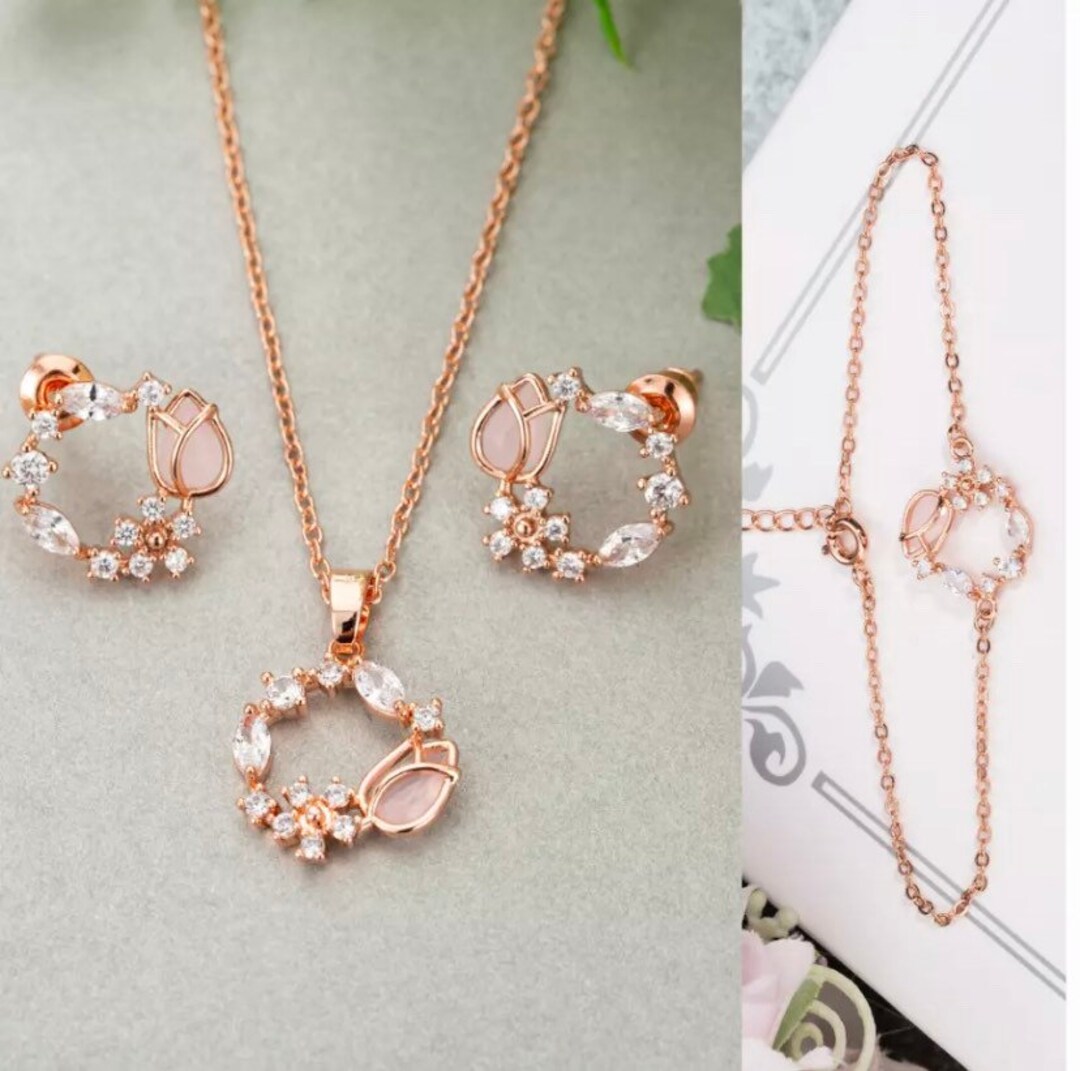 Bridal Jewellery Set, Rose Gold Flower Necklace, Flower Necklace Set ...