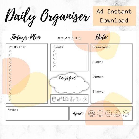 A4 Printable Daily Planner Orange Habit Tracker Meal | Etsy