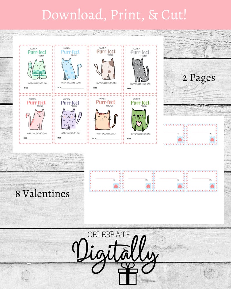 Printable Cat Valentines Cute Printable Valentine's for | Etsy