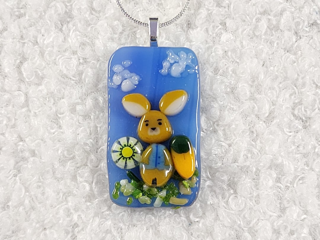 Fused Glass Murrini Dressed Bunny Rabbit in Flower Carrot Garden Blue ...