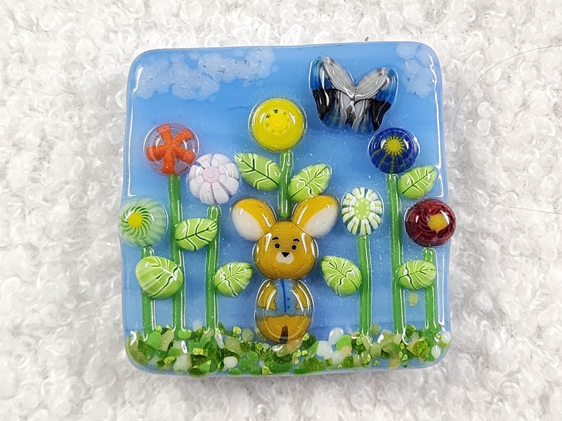 Fused Glass Magnet - Brown Bunny Rabbit in Wildflower Garden With Grey ...