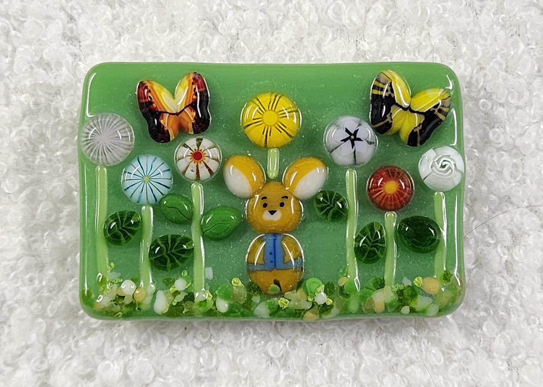 Fused Glass Magnet - Brown Bunny Rabbit in Wildflower Garden With ...