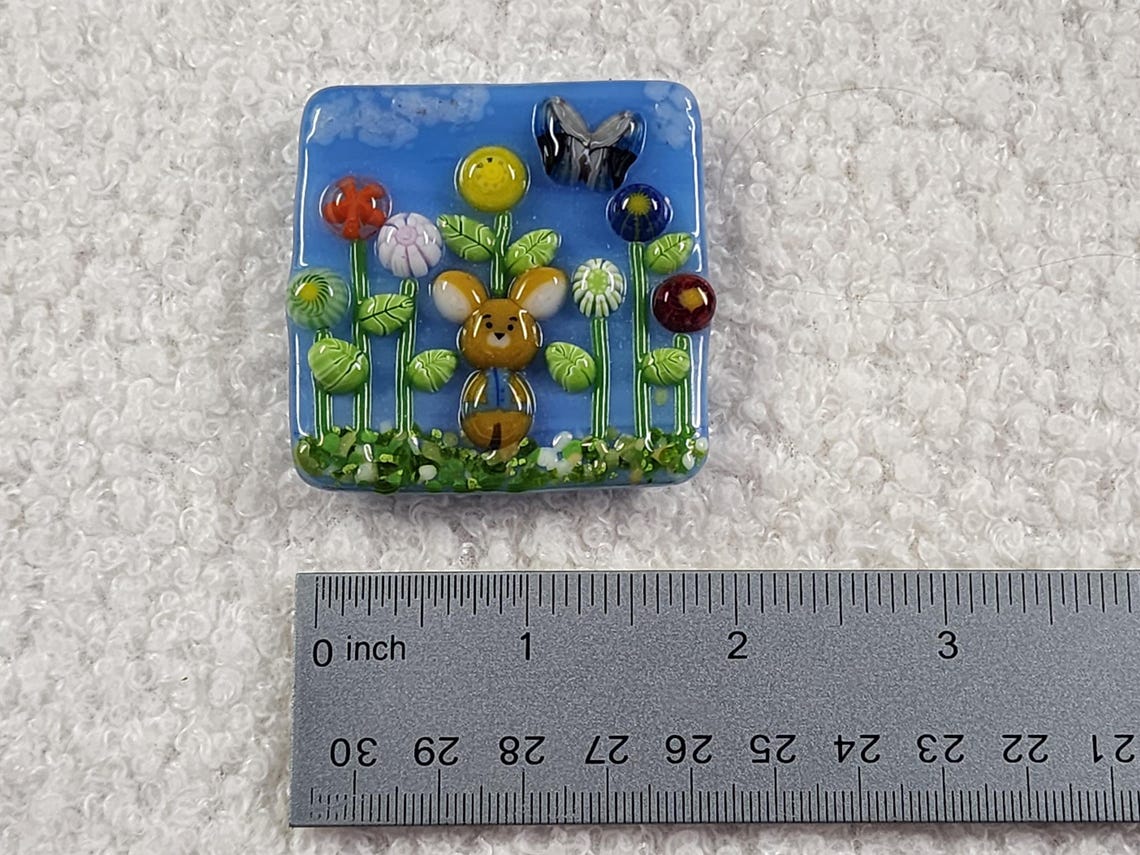 Fused Glass Magnet - Brown Bunny Rabbit in Wildflower Garden With Grey ...