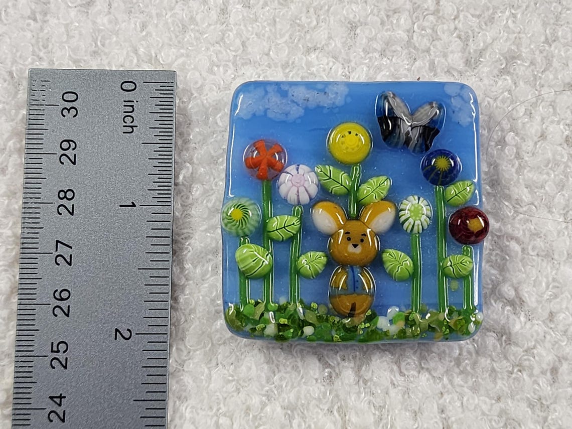 Fused Glass Magnet - Brown Bunny Rabbit in Wildflower Garden With Grey ...