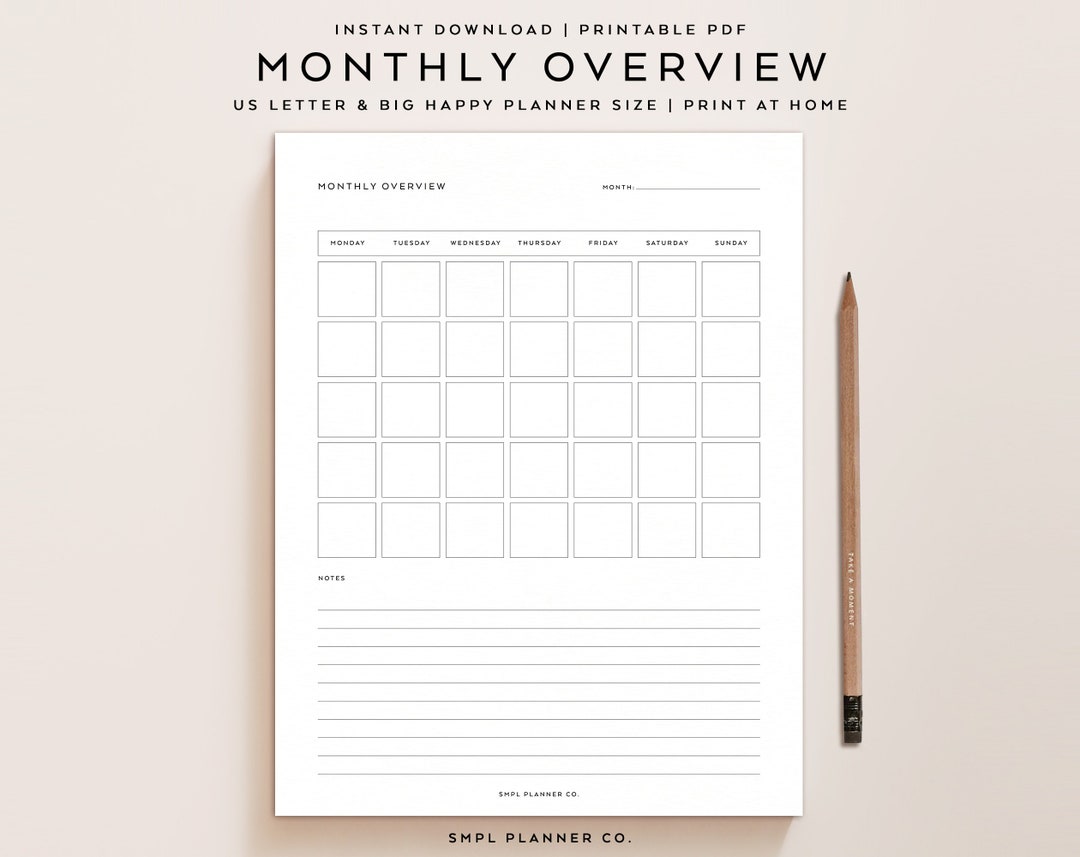 Monthly Overview Planner Printable, Minimal Undated Monthly Plan ...
