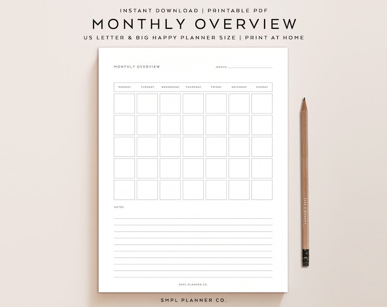 Monthly Overview Planner Printable, Minimal Undated Monthly Plan ...
