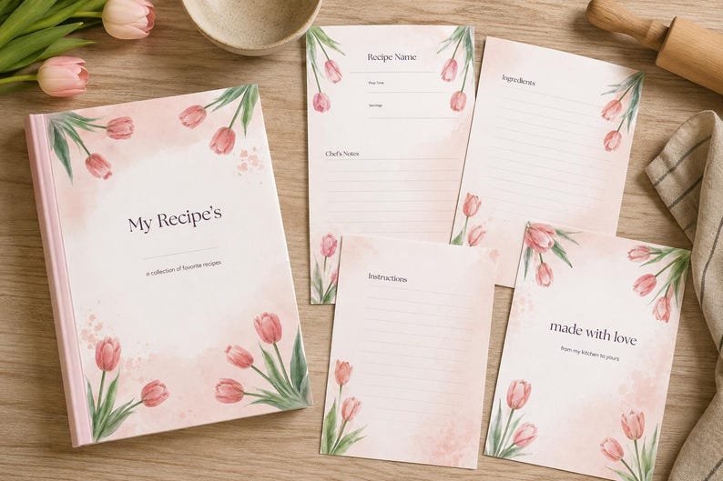 Pink Tulip Watercolor Recipe Binder, Floral Cookbook Organizer (instant ...