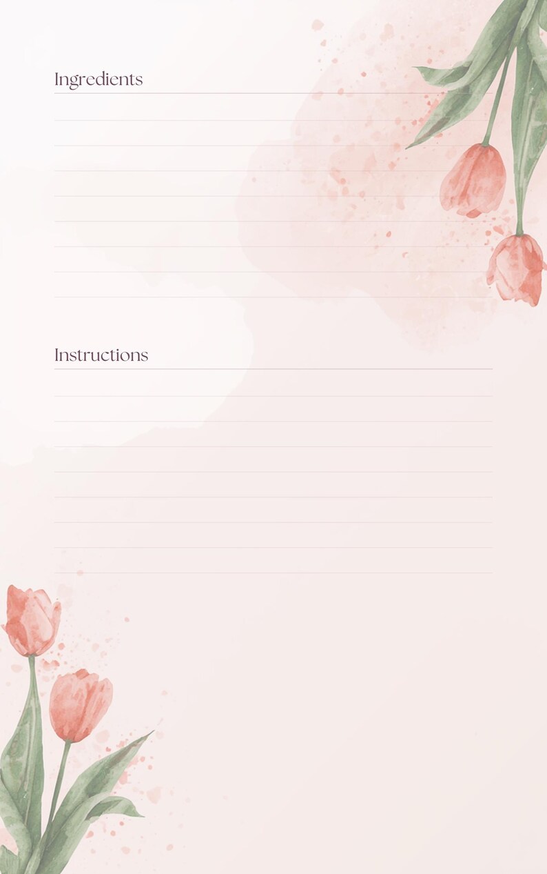 Pink Tulip Watercolor Recipe Binder, Floral Cookbook Organizer (instant ...