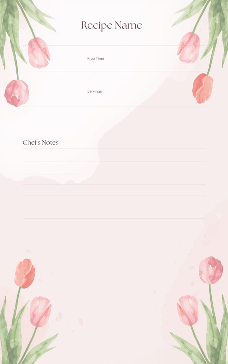 Pink Tulip Watercolor Recipe Binder, Floral Cookbook Organizer (instant ...