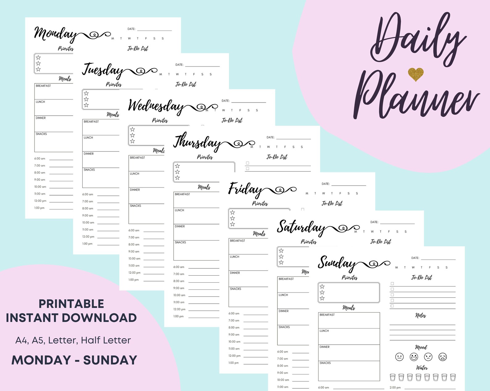 Printable Daily Organizer, Days of the Week Planner, Productivity ...