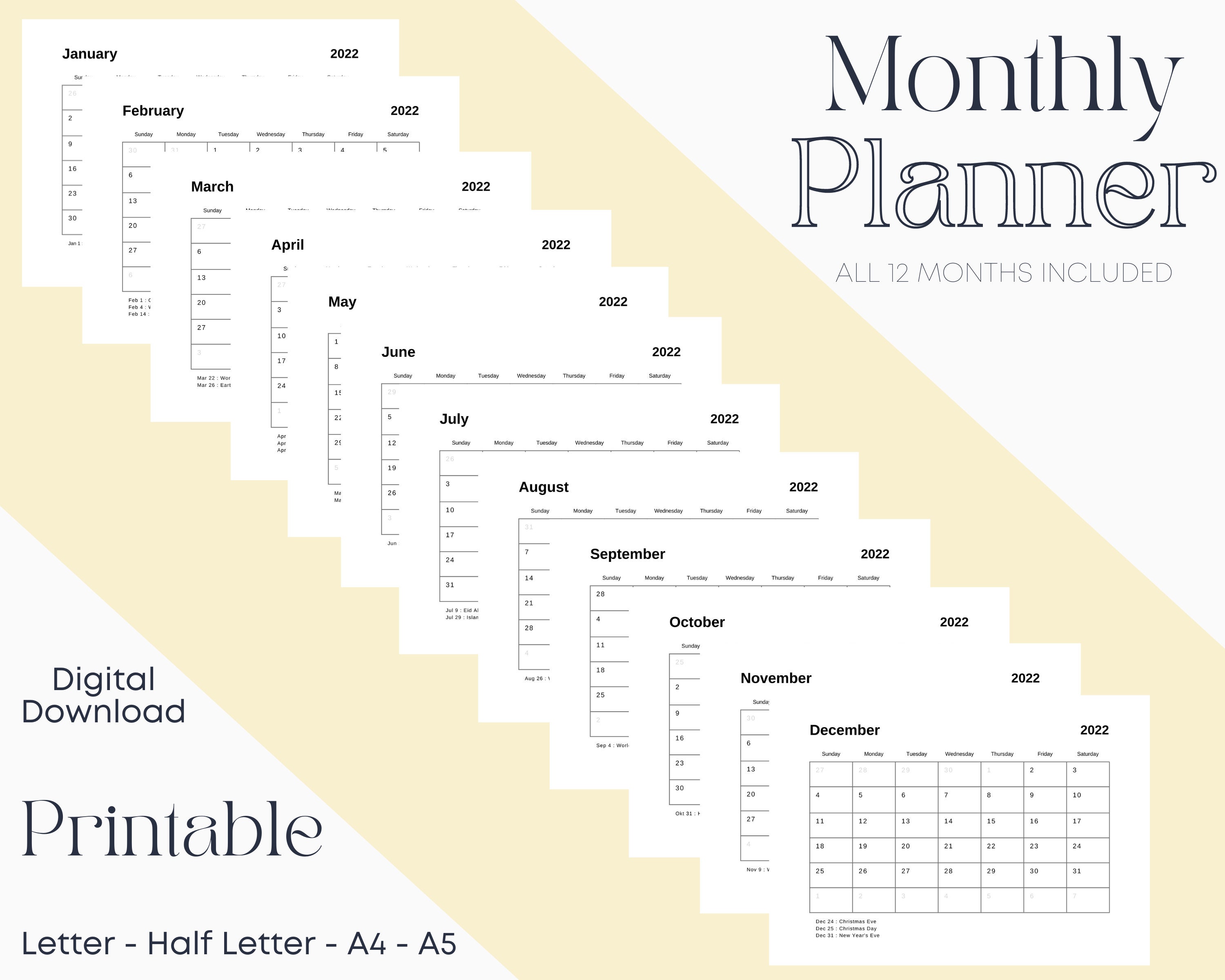 2022 Printable Calendar, Monthly Planner, Minimalist Calendar, Instant ...