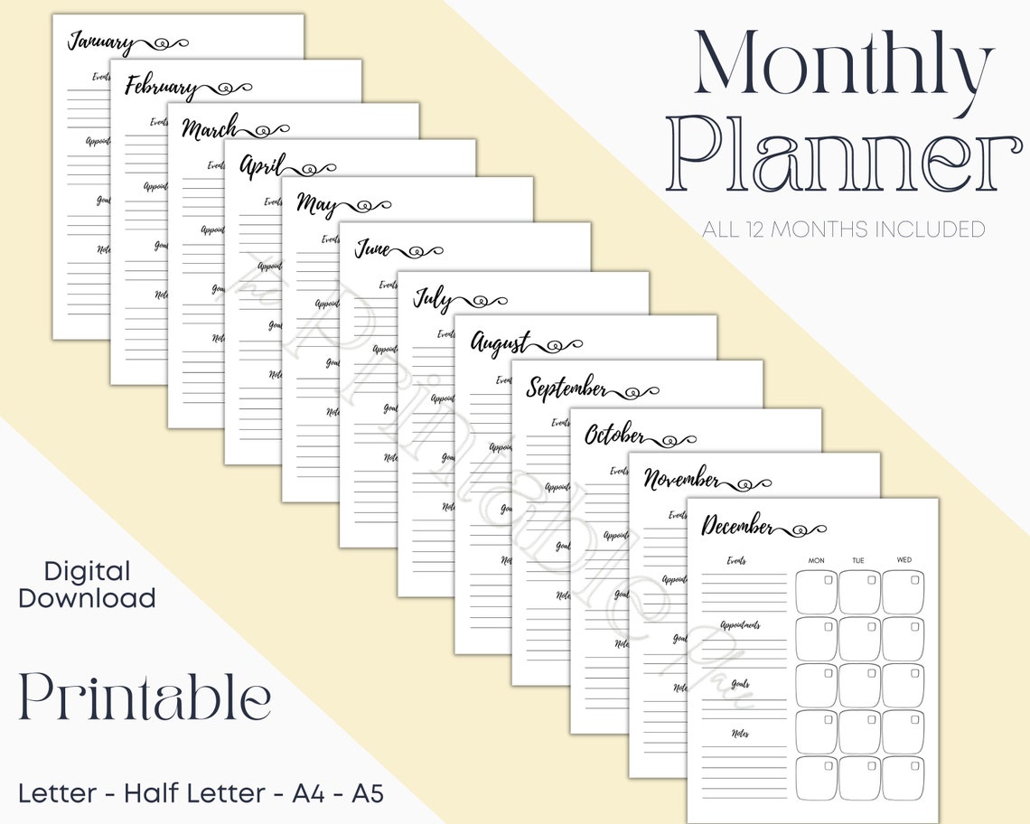 12 Month Calendar Minimalist Monthly Planner Printable Month - Etsy