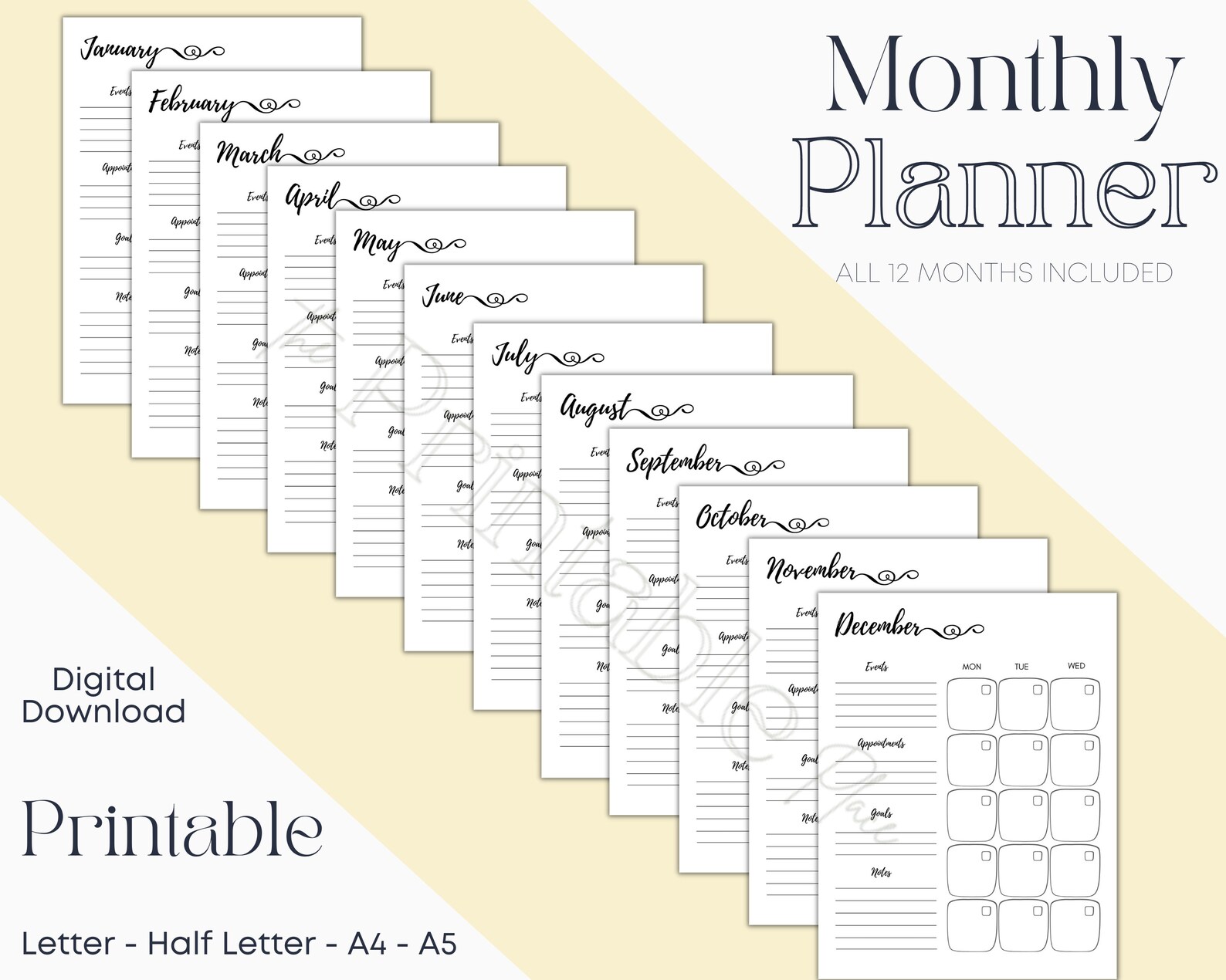 12 Month Calendar Minimalist Monthly Planner Printable Month - Etsy