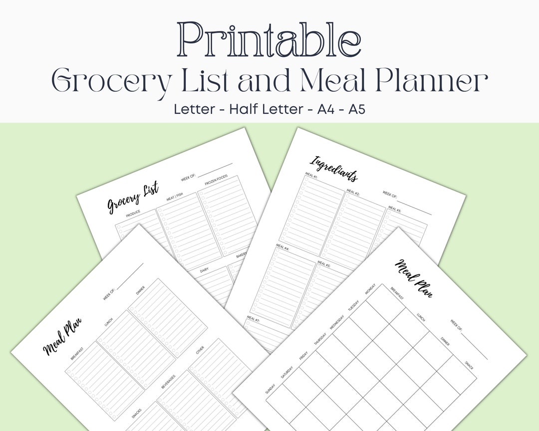 Printable Meal Planner and Grocery List, PDF Meal Plans and Shopping ...