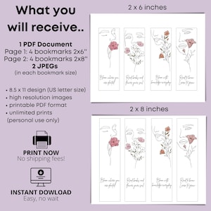 Printable Line Art Bookmark Set, Floral Aesthetic Bookmark for Women ...