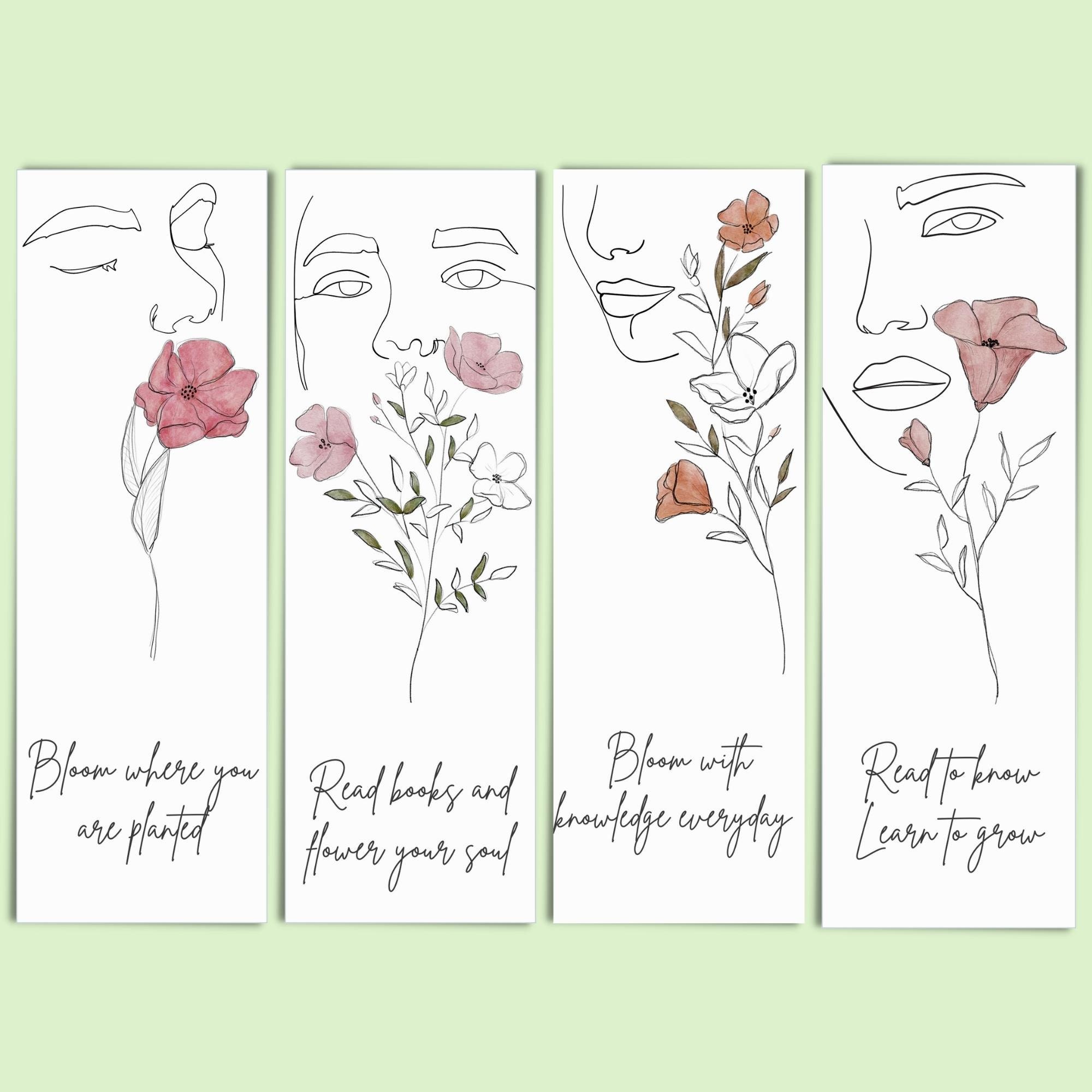 Printable Line Art Bookmark Set, Floral Aesthetic Bookmark for Women ...