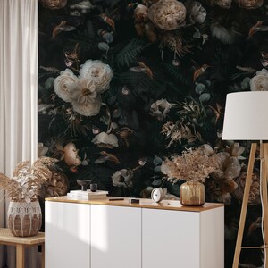 Black Floral Wallpaper Removable Wallpaper Mural Floral Peel and Stick ...