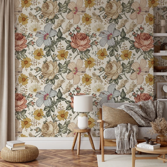 Peel and Stick Wallpaper Removable Wallpaper Floral Wallpaper Vintage Wallpaper Elegant Wallpaper Vintage Floral Mural Wallpaper Floral Etsy UK
