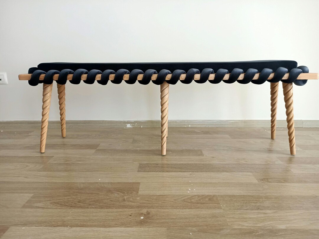 Mid Century Modern Long Bench, Anthracite Cross Wavy Velvet Fabric ...