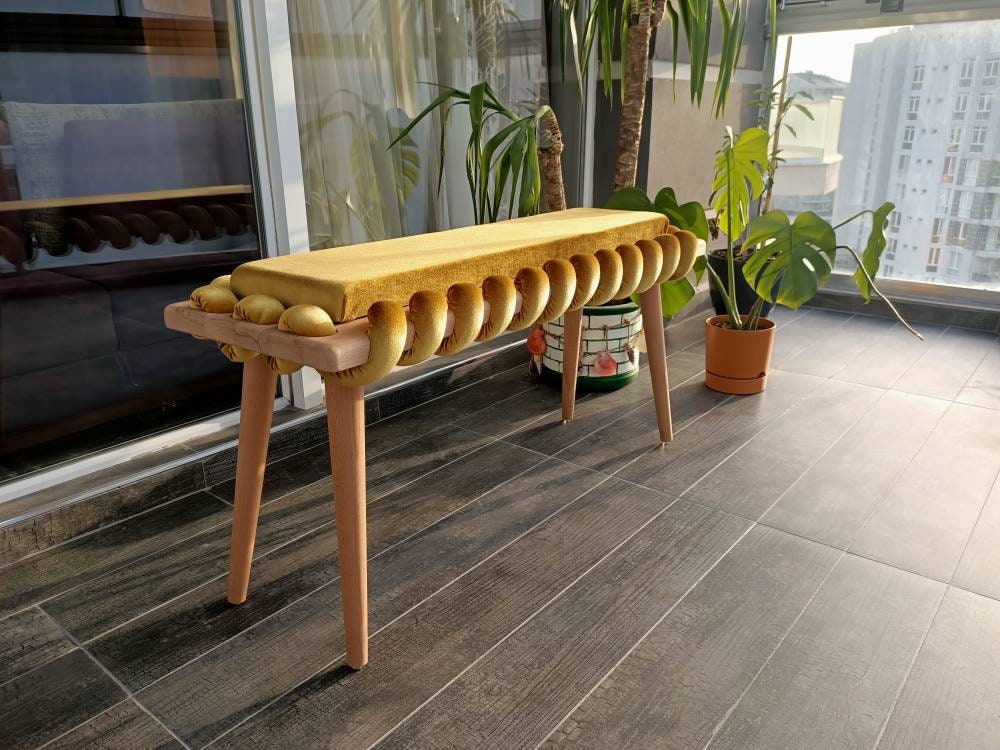 Rustic Bench, Mustard Yellow Cross Wavy Velvet Fabric Wooden Bench ...
