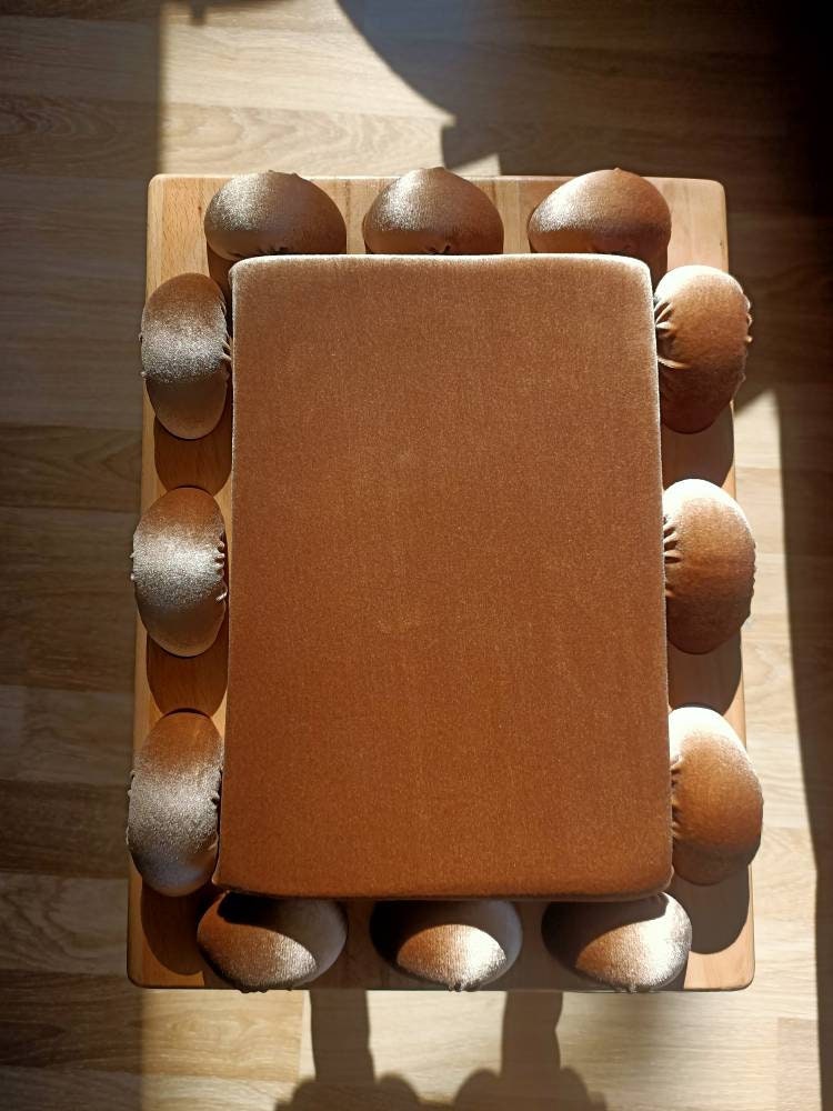 Wooden Stool in Cream Straight Wavy Velvet Fabric, Unique Gift ...