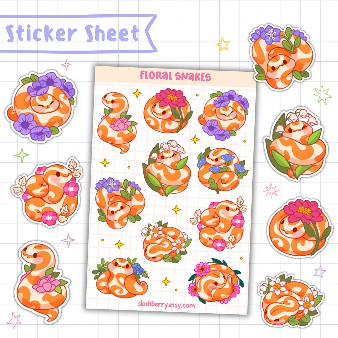 Floral Snakes Sticker Sheet Cute Kawaii Weatherproof Stickers for ...