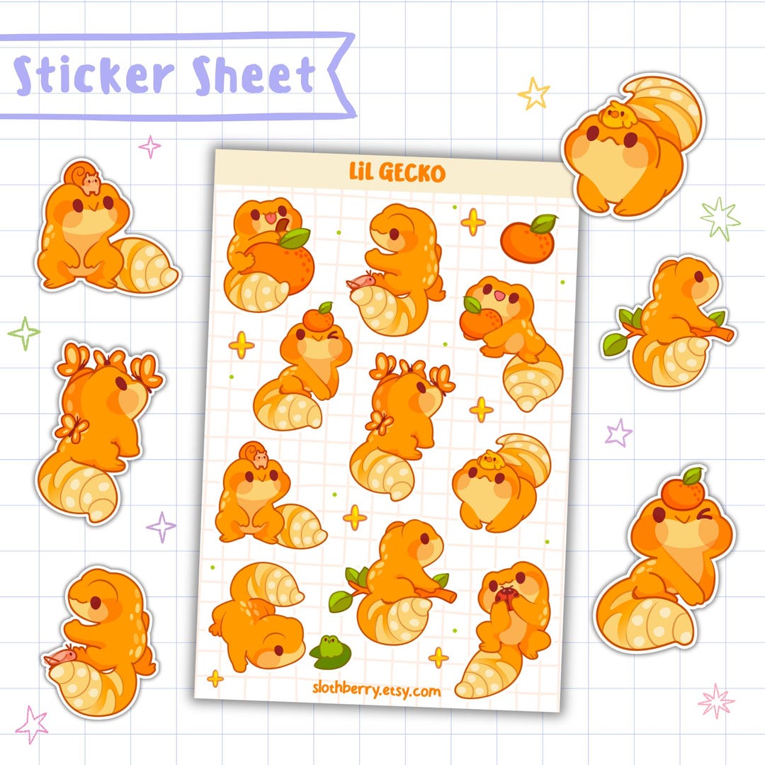 Lil Gecko Sticker Sheet - Cute Kawaii Weatherproof Stickers for Laptops ...