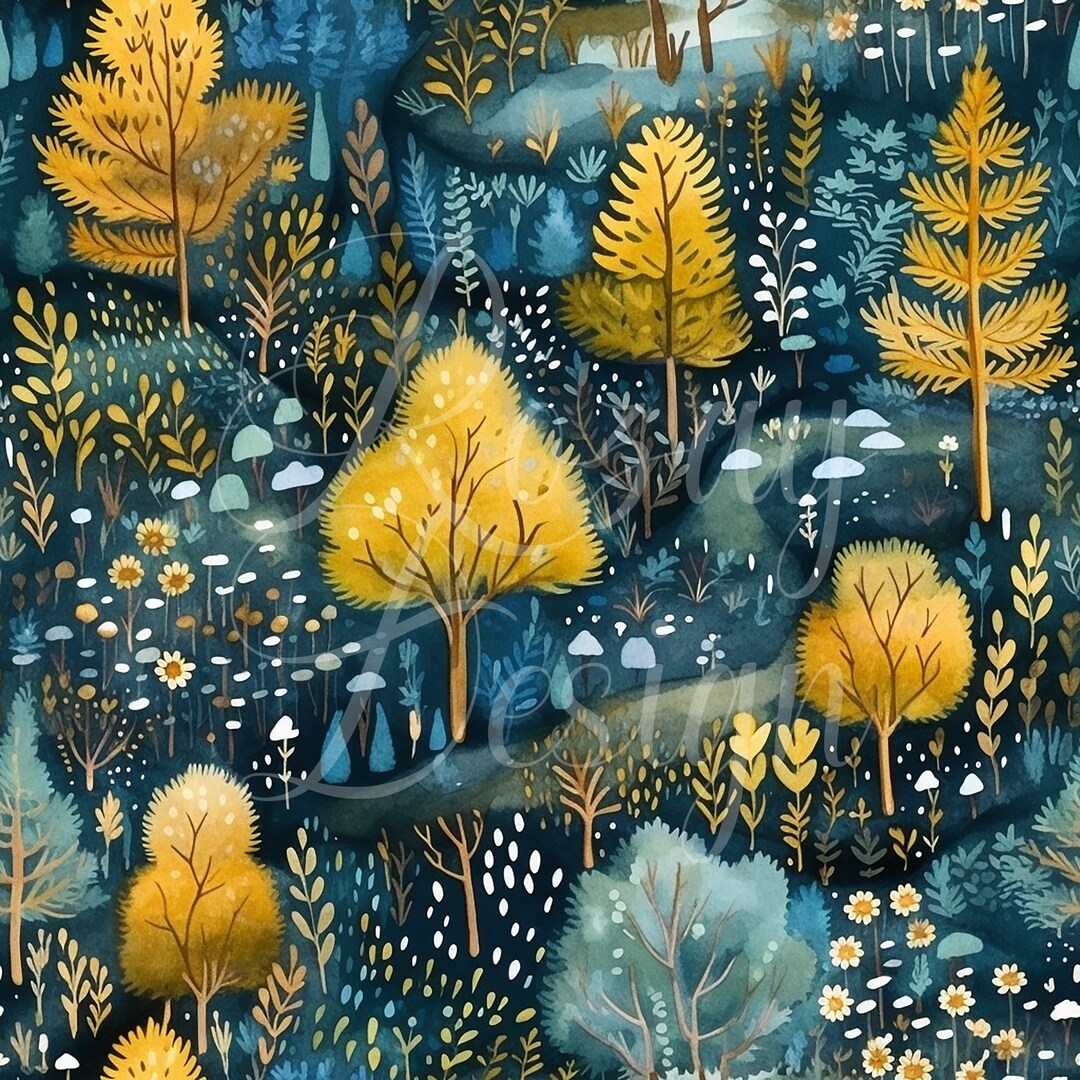 Mustard and Blue Trees | Seamless Patterns | Instant Download ...